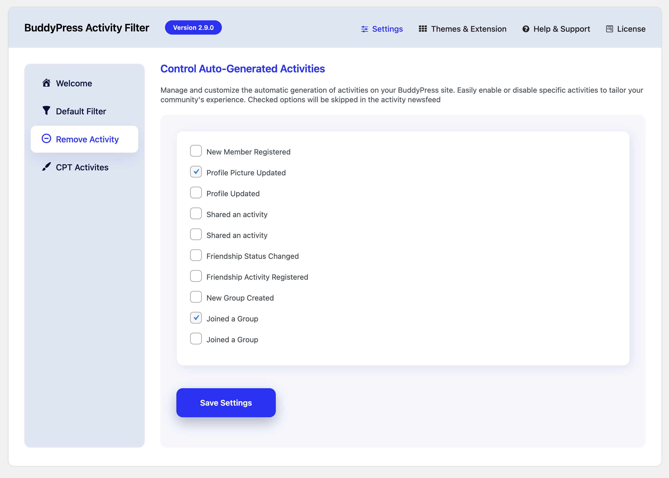 Remove Activity (Control Auto Generated Activities) - Wbcom Designs Docs