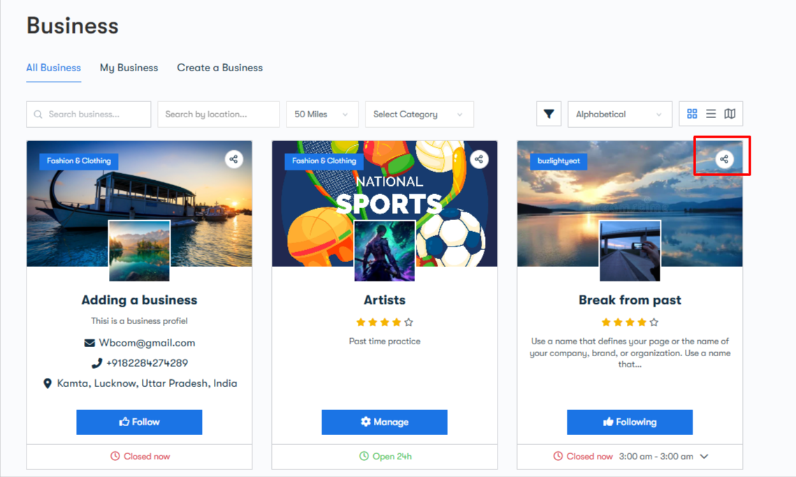 Show/Hide Business social share - Wbcom Designs Docs